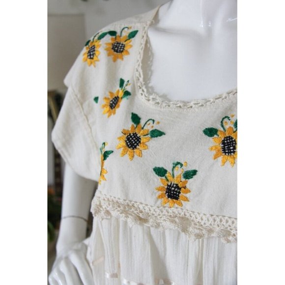 Vintage | Dresses | Vintage 6s 70s Embroidered Sunflower Cotton Gauze ...